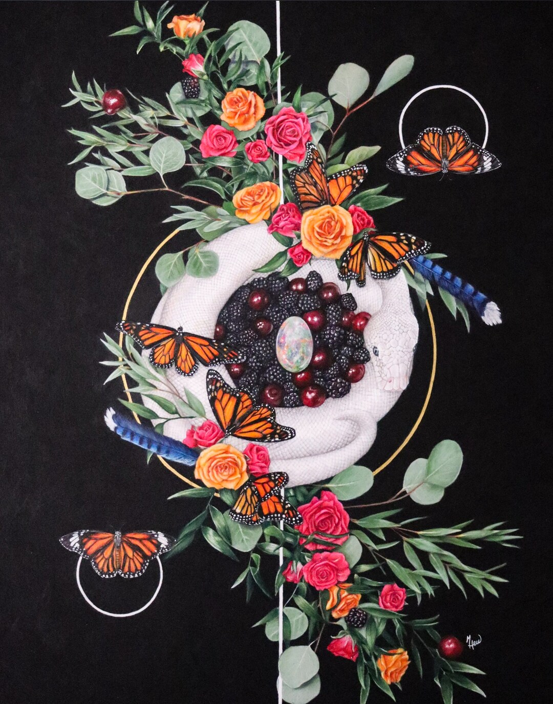 Floral Snake With Monarch Butterflies Colored Pencil Art Print by ...