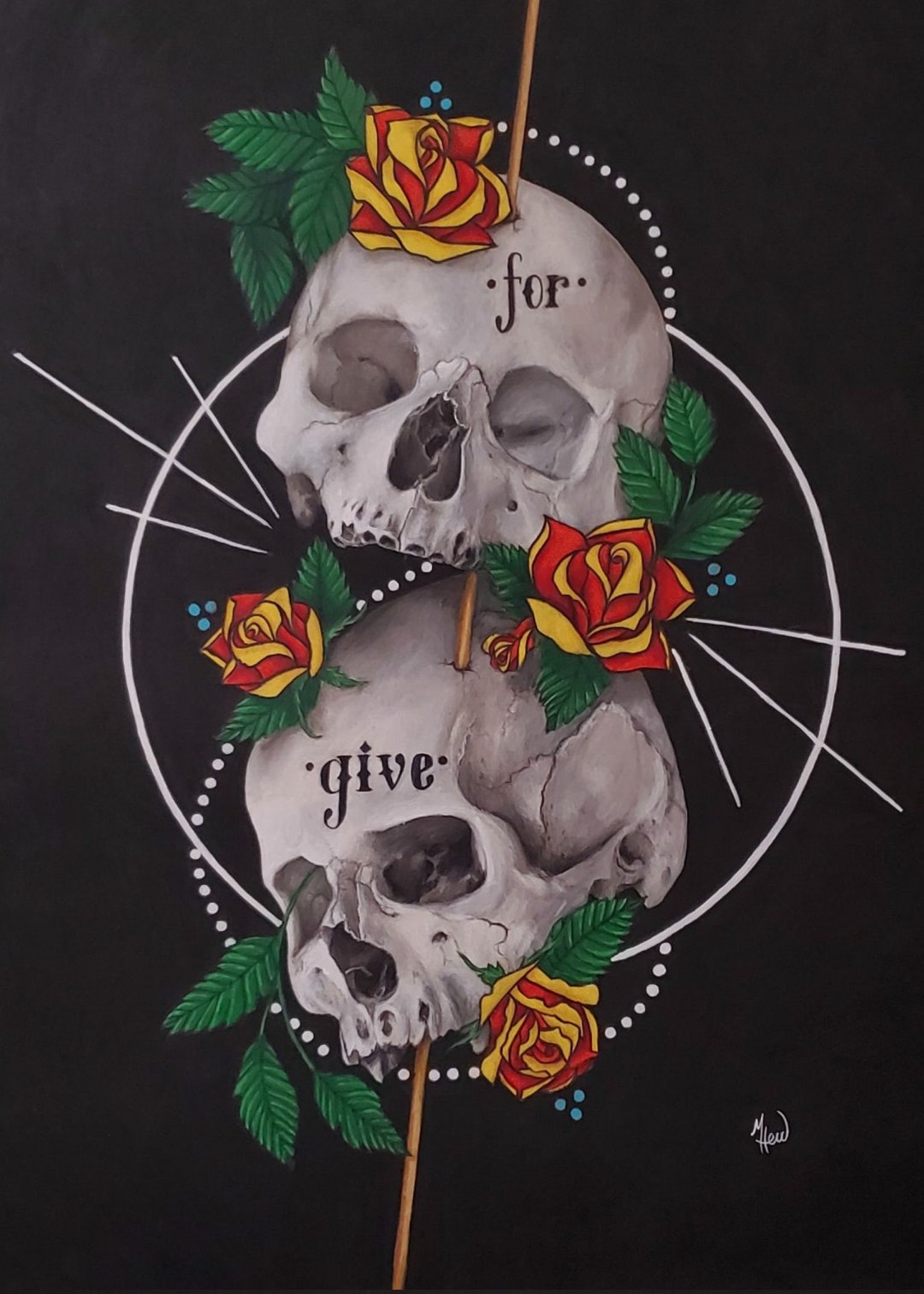 Framed Original Colored Pencil Drawing of Skulls With Roses "for Give ...