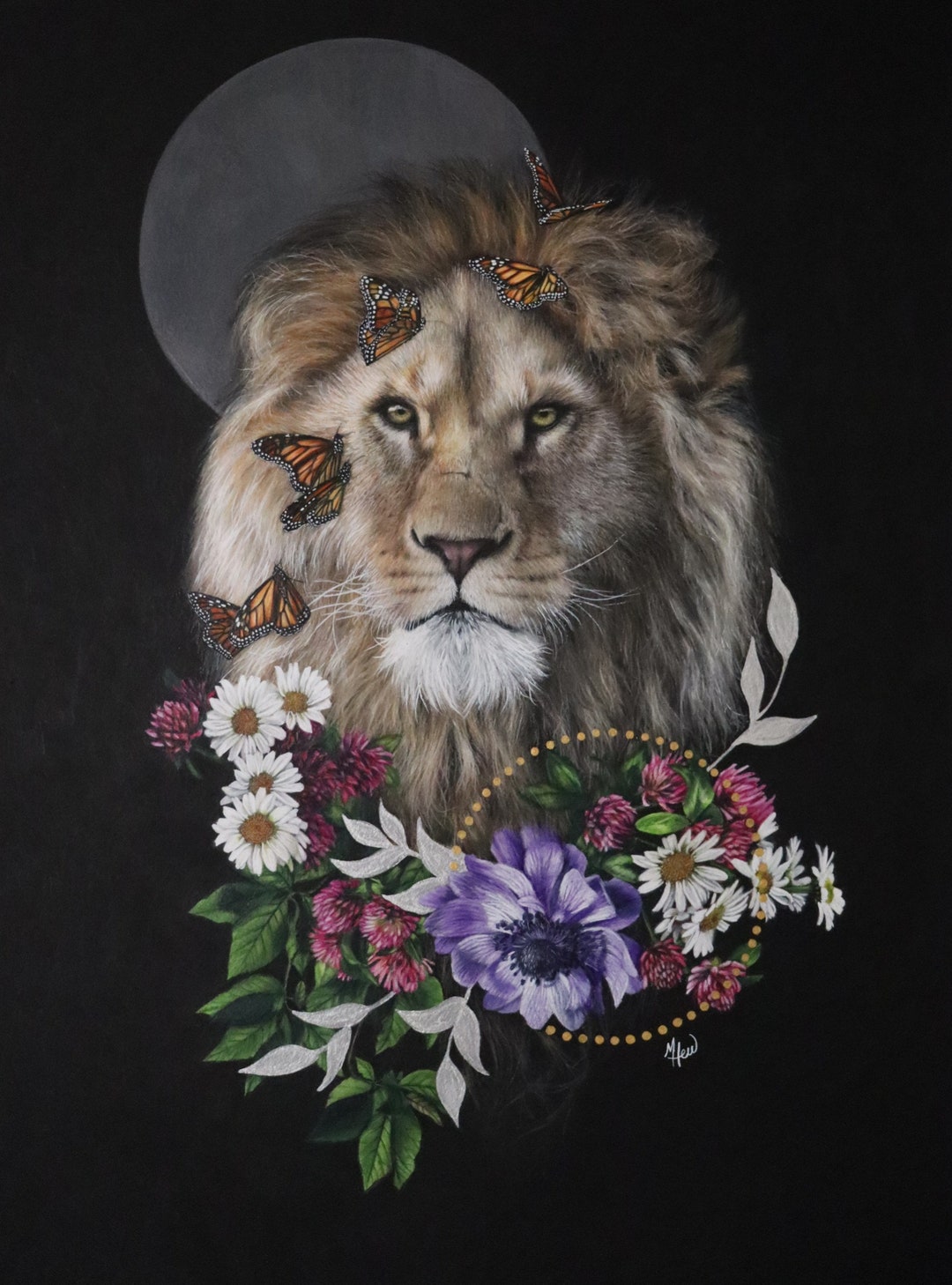 Framed Original Colored Pencil Drawing Lion With Flowers and Monarch ...