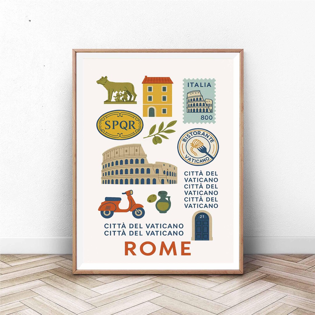 Rome Icons Art Print - Italy Poster With Colosseum, Vespa, SPQR ...