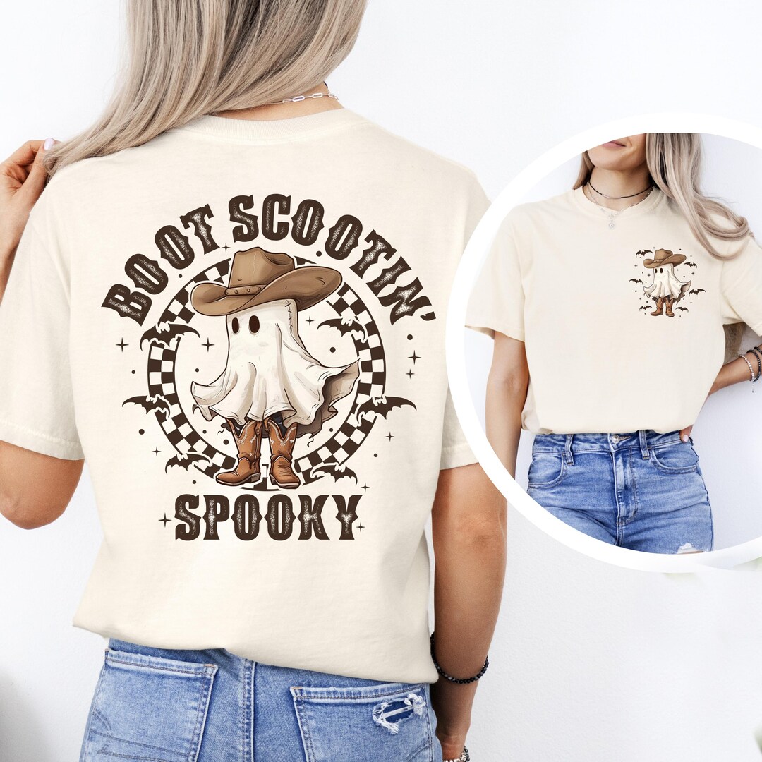 Boot Scootin' Spooky Western Ghost Cowgirl Halloween Shirt Front Back ...