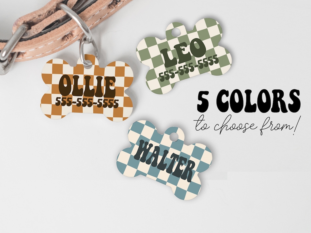 Retro Checkered Dog Tag: Custom Bone-shaped Pet ID - Etsy