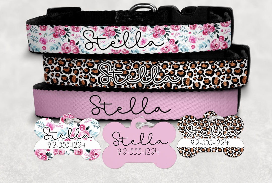 Personalized Dog Collar Custom Dog Tag Girl Dog Collar Leopard Floral ...