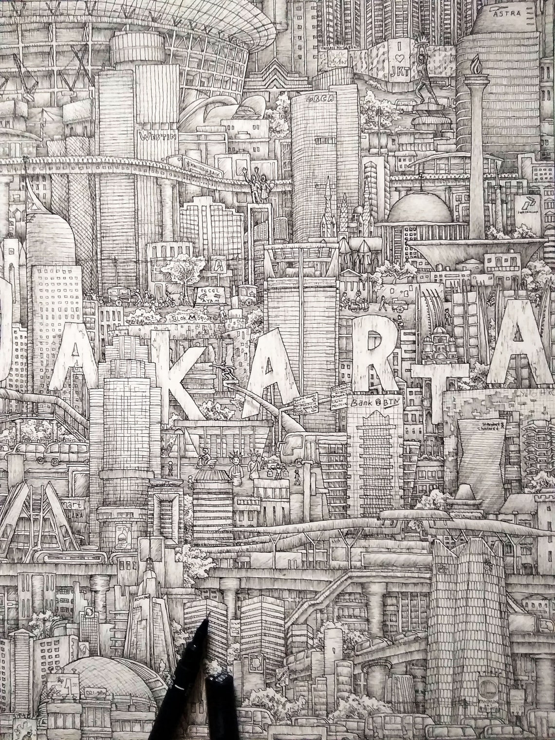 Jakarta city prints from detailed hand drawn art for home | Etsy