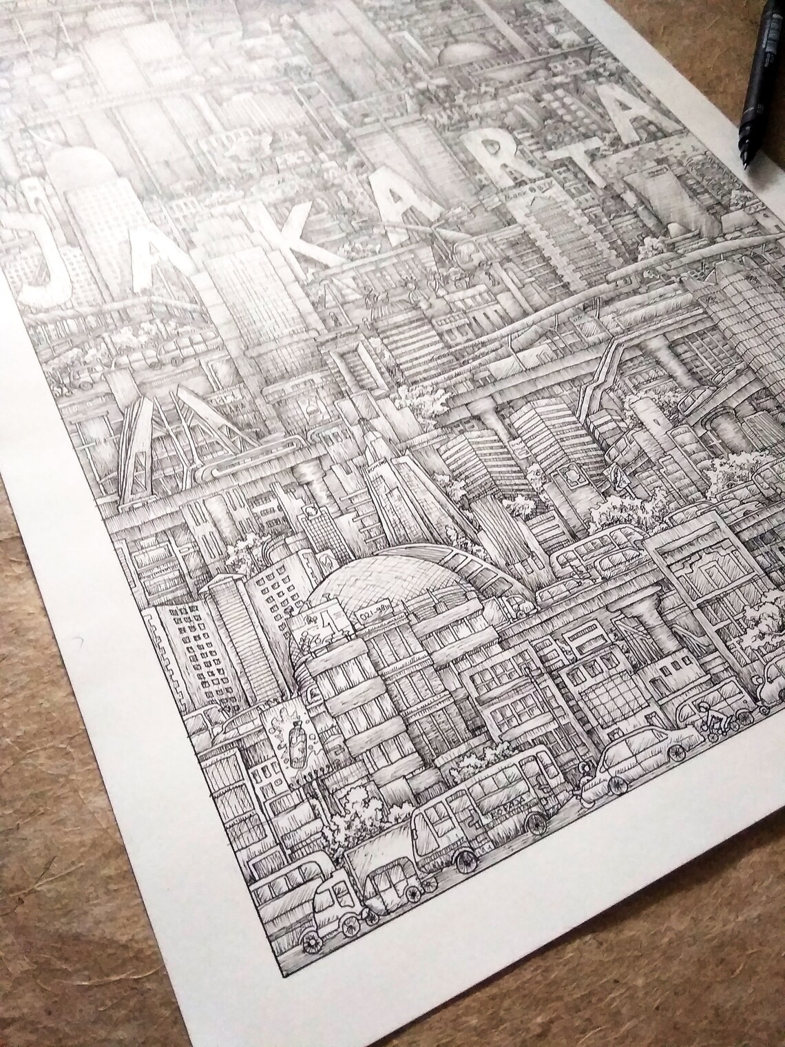 Jakarta city prints from detailed hand drawn art for home | Etsy