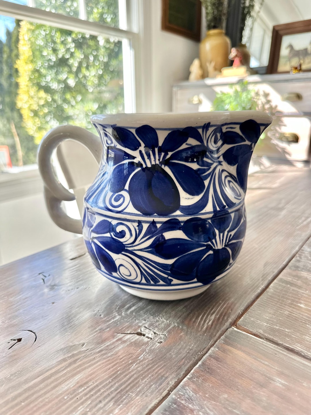 Vintage Blue White Floral Pitcher, Cottage Core Coastal Style, Beach ...