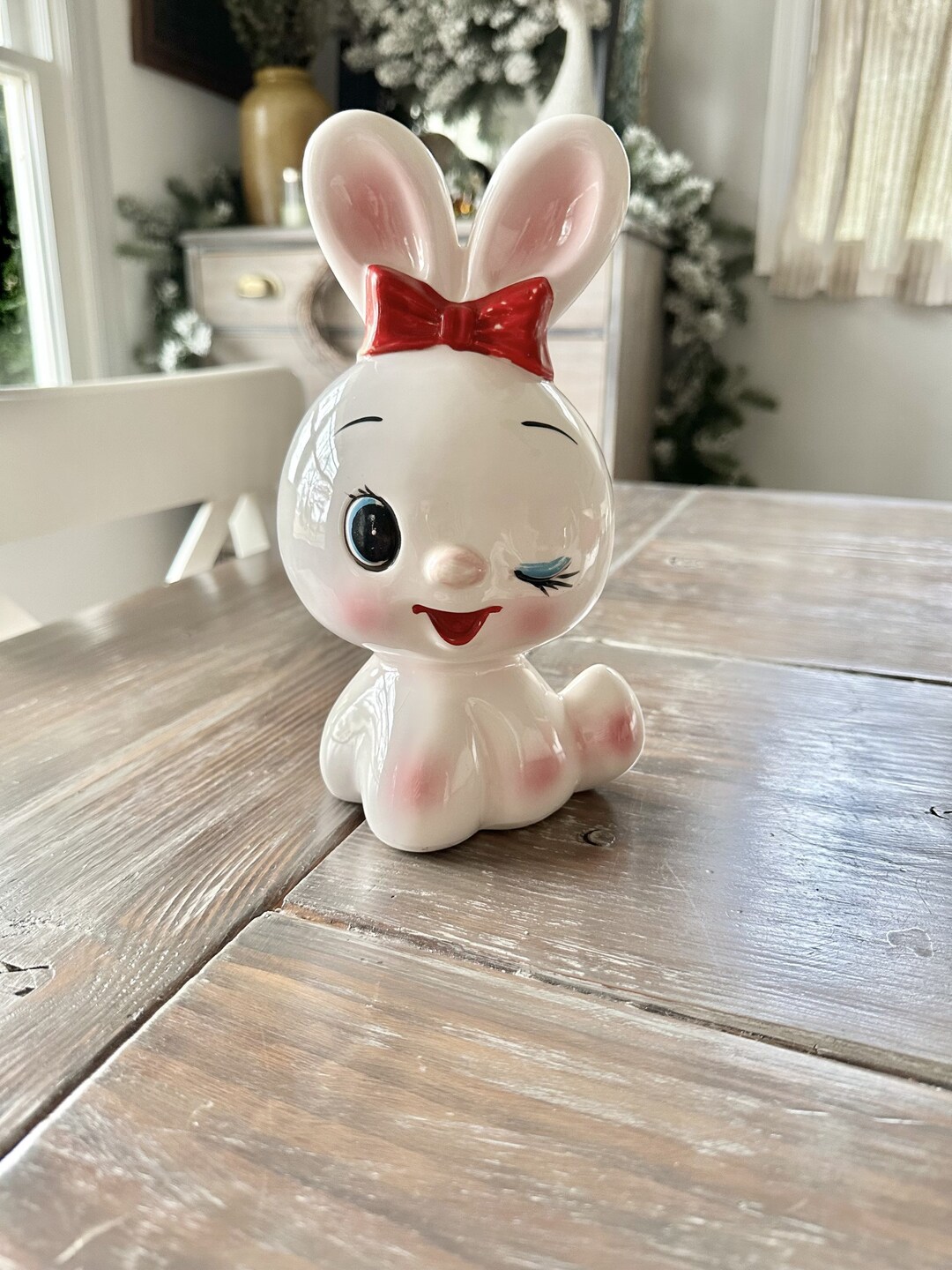 Vintage Kitsch MCM Rune Naito White and Pink Bunny Rabbit Ceramic Bank ...