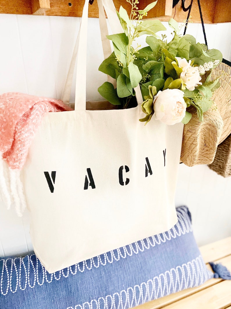 VACAY Over Sized Canvas Tote With Black Text, Vacation Bag, Travel Bag ...