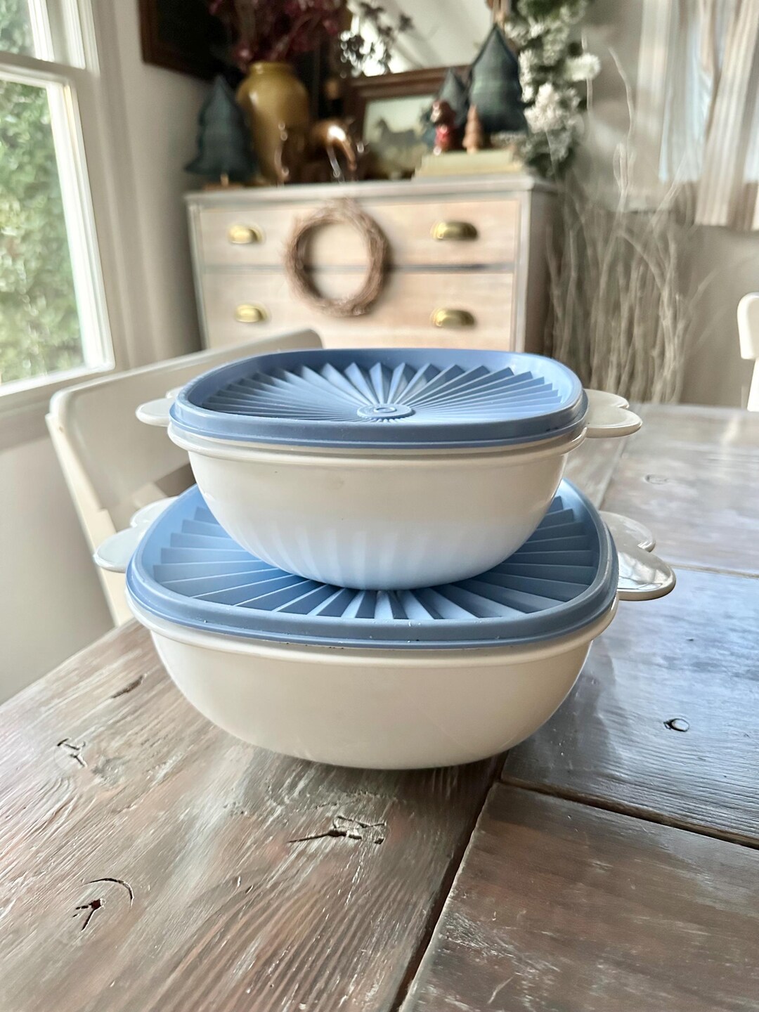 Vintage Set of Two Tupperware Containers Blue Lids With White Bases 6.5 ...