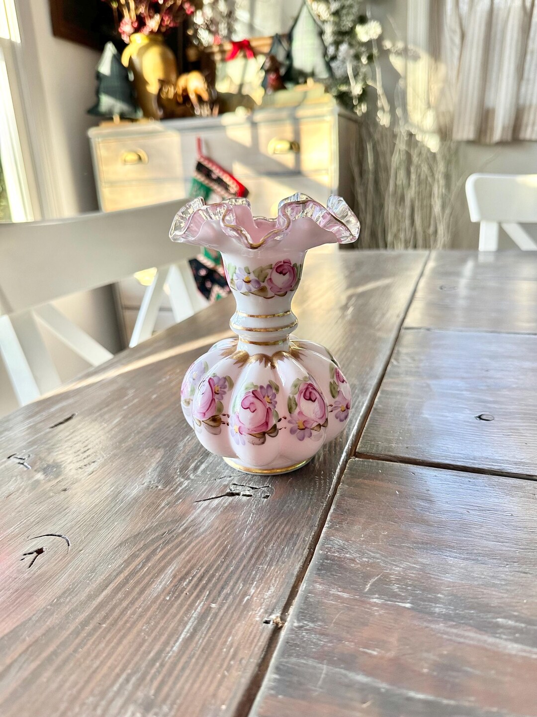 Vintage 1940’s Fenton Charleton Peach Crest Melon Vase 6” With Hand ...
