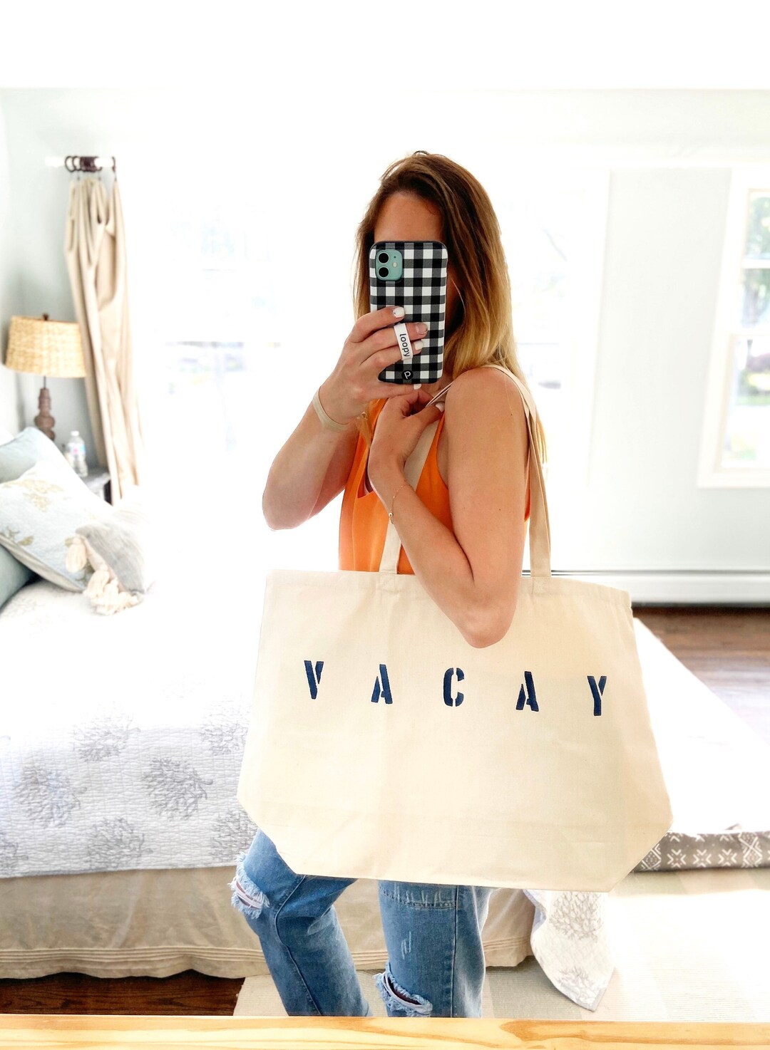 VACAY Over Sized Canvas Tote With Navy Blue Text, Vacation Bag, Travel ...