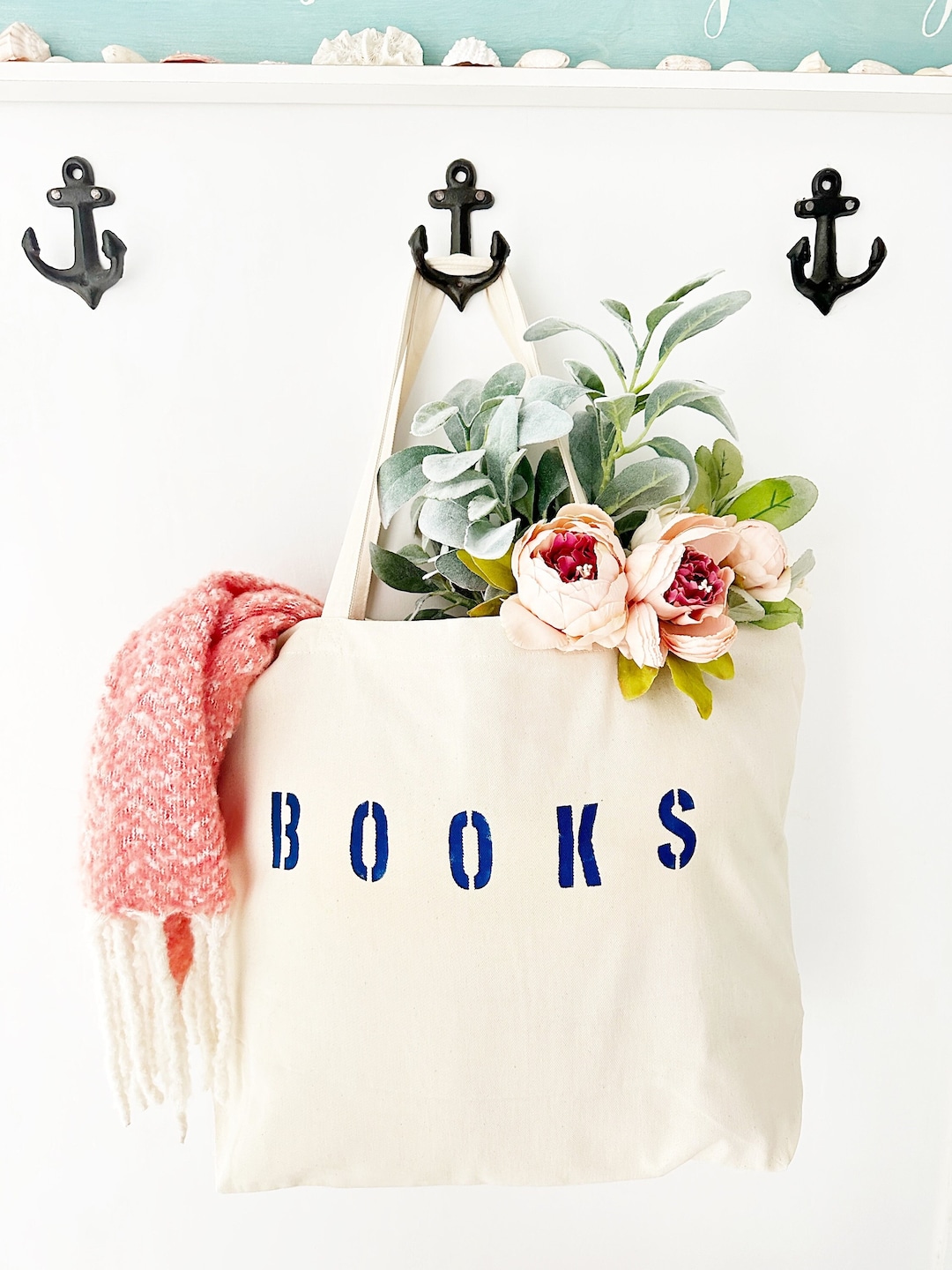 BOOKS Over Sized Canvas Tote Bag, Library Bag, Reusable Shopping Bag ...