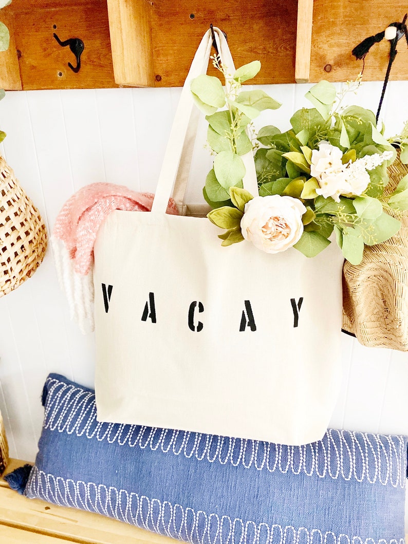 VACAY Over Sized Canvas Tote With Black Text, Vacation Bag, Travel Bag ...