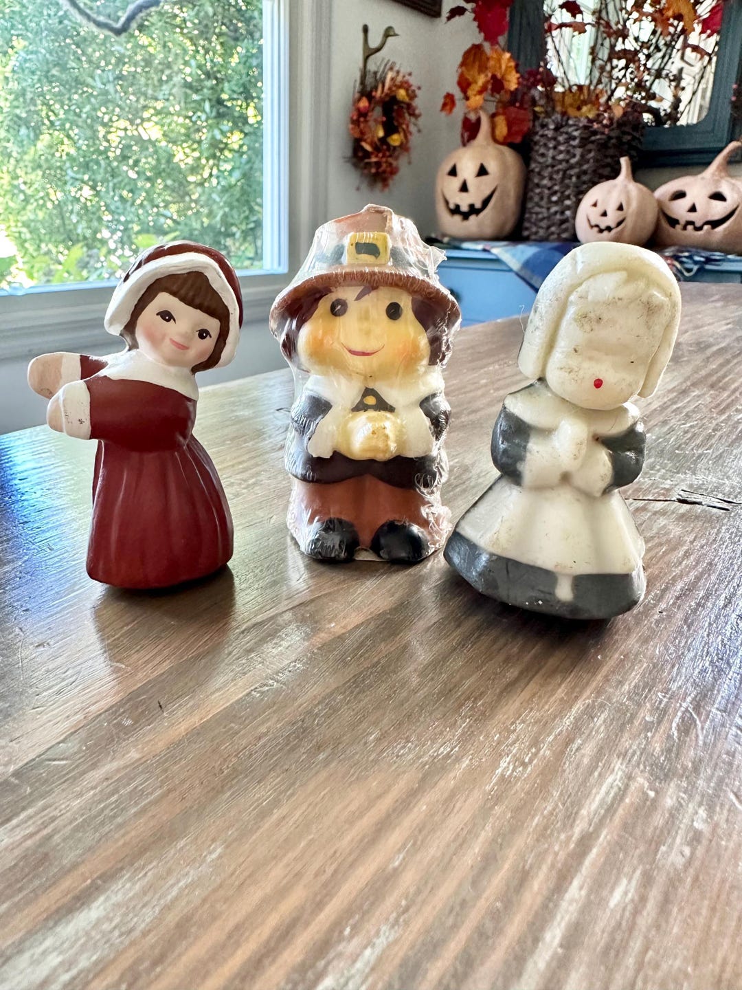 Three Vintage Thanksgiving Figures, Gurley Candle Pilgrim Girl, Hong ...