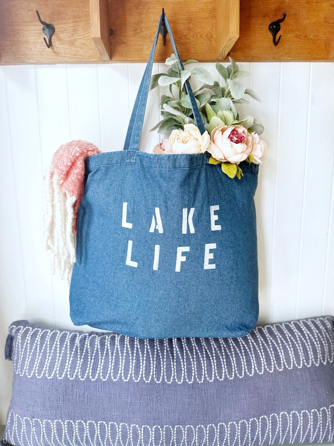 LAKE LIFE Denim Over Sized Tote Bag, Shopping Bag, Summer Bag, Lake Bag ...