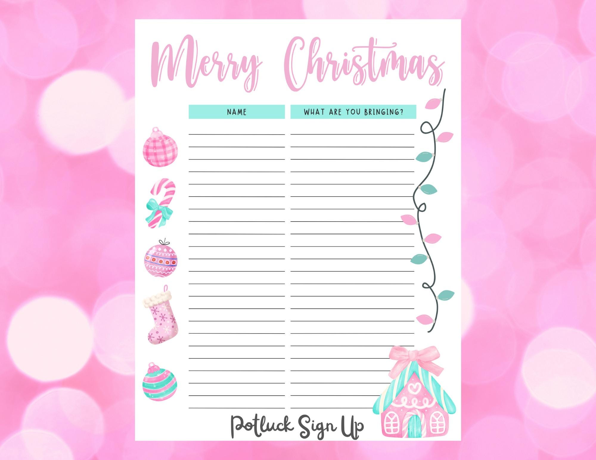 Pink Christmas Potluck Sign up Sheet - Printable - Food Sign up Sheet ...