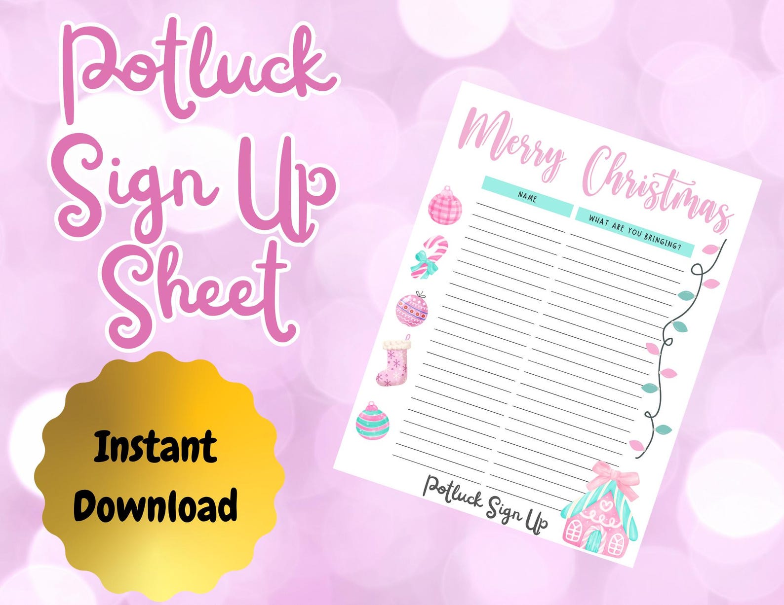 Pink Christmas Potluck Sign up Sheet - Printable - Food Sign up Sheet ...
