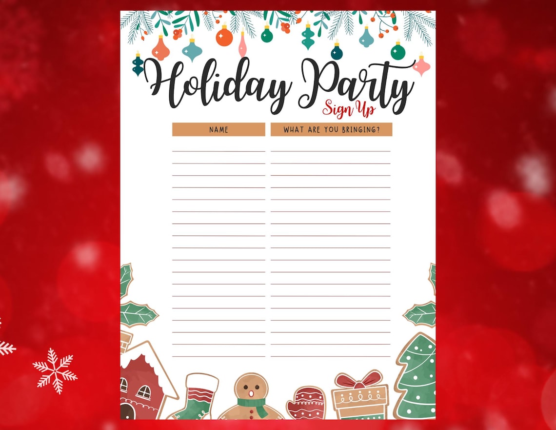 Holiday Party Christmas Potluck Sign up Sheet - Printable - Food Sign ...