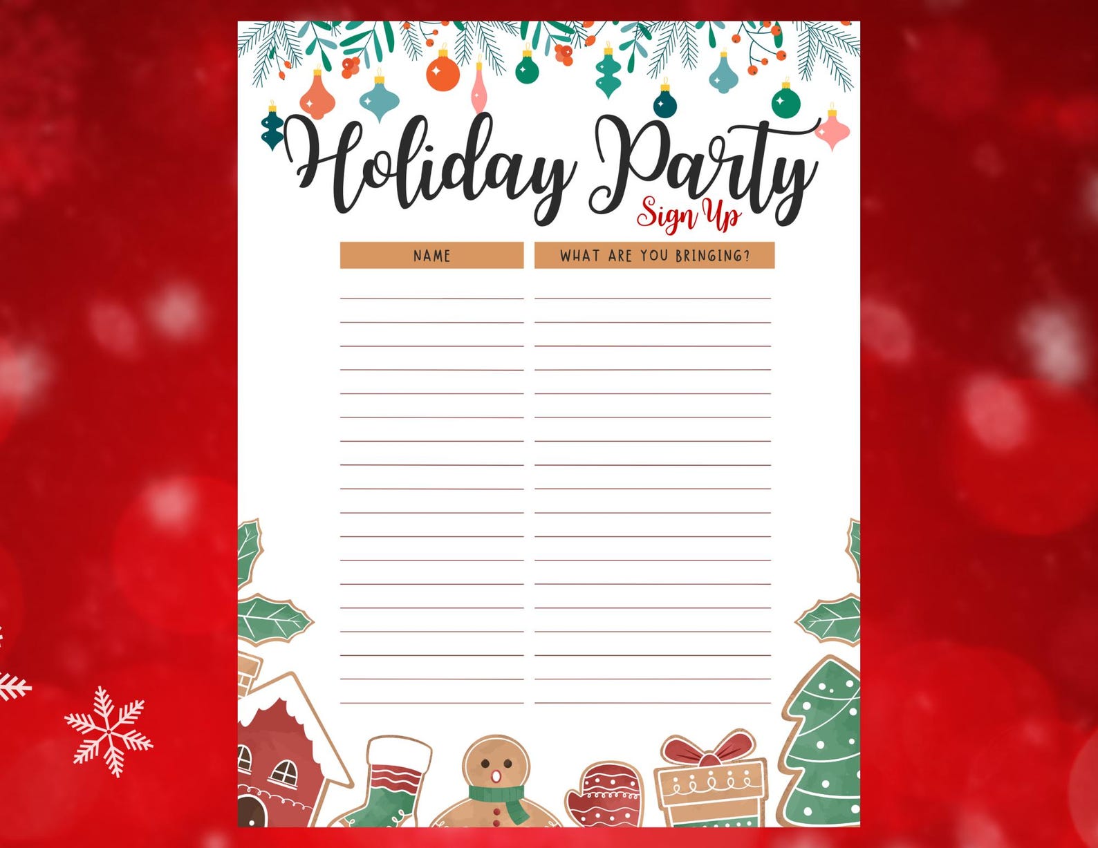 Holiday Party Christmas Potluck Sign up Sheet - Printable - Food Sign ...