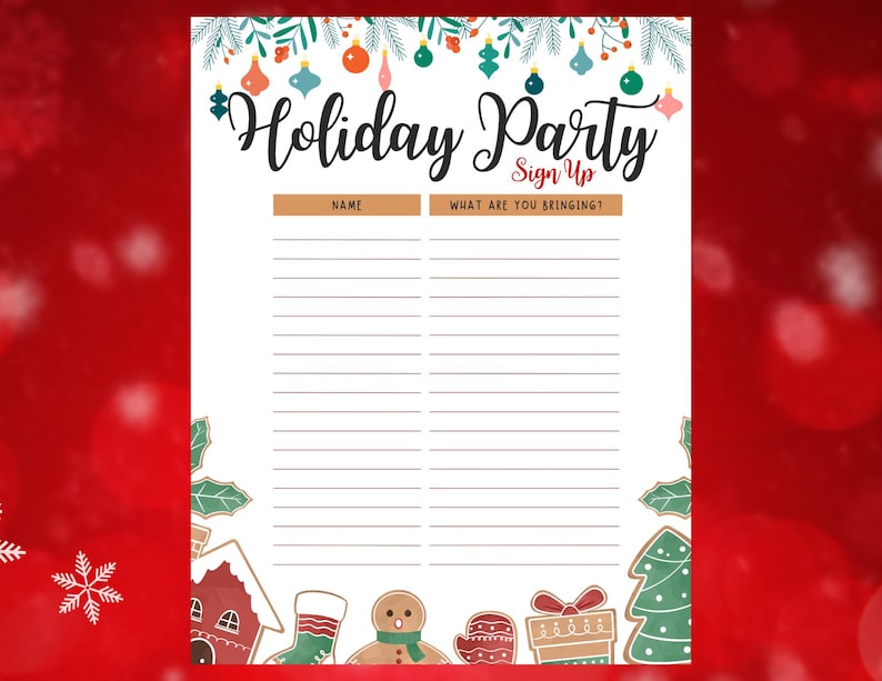 Holiday Party Christmas Potluck Sign up Sheet - Printable - Food Sign ...