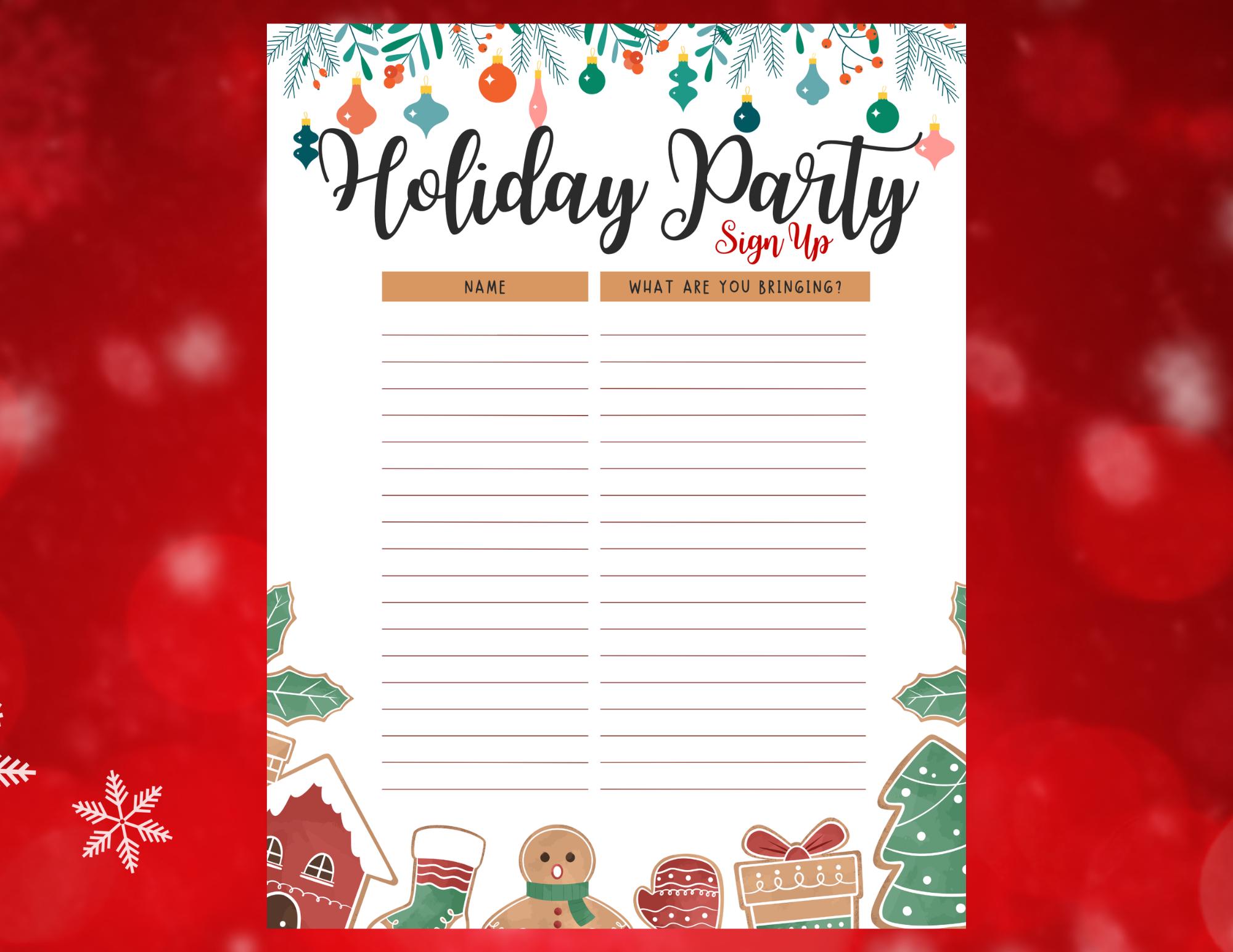 Holiday Party Christmas Potluck Sign up Sheet - Printable - Food Sign ...