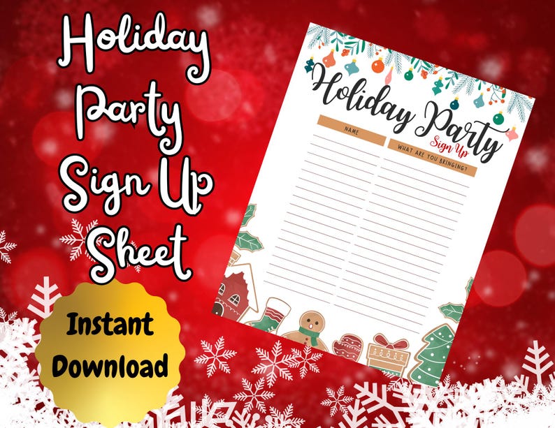 Holiday Party Christmas Potluck Sign up Sheet - Printable - Food Sign ...