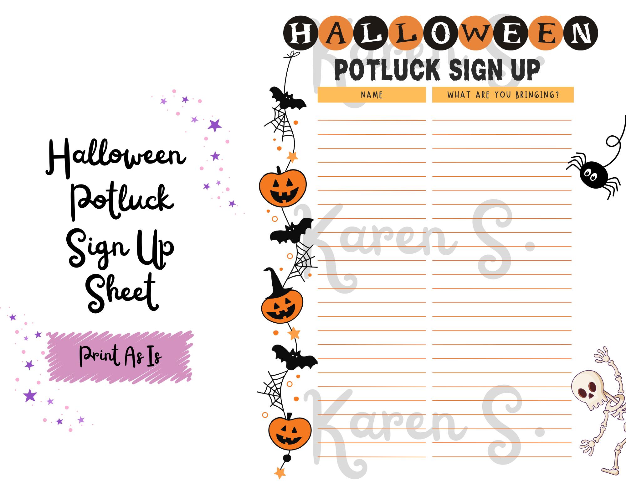 Halloween Potluck Sign up Sheet - Printable - Food Sign up Sheet - Etsy