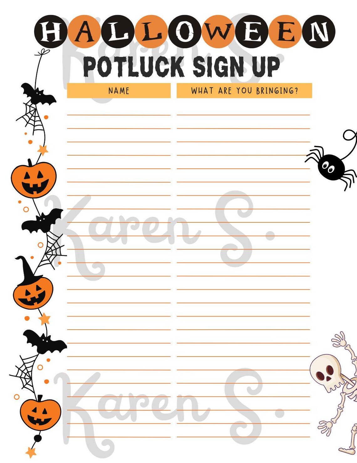 Halloween Potluck Sign up Sheet - Printable - Food Sign up Sheet - Etsy