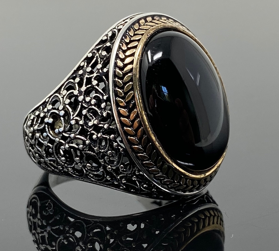 Handmade Sterling Silver Black Onyx Men's Ring – Elegant Bronze Detail ...