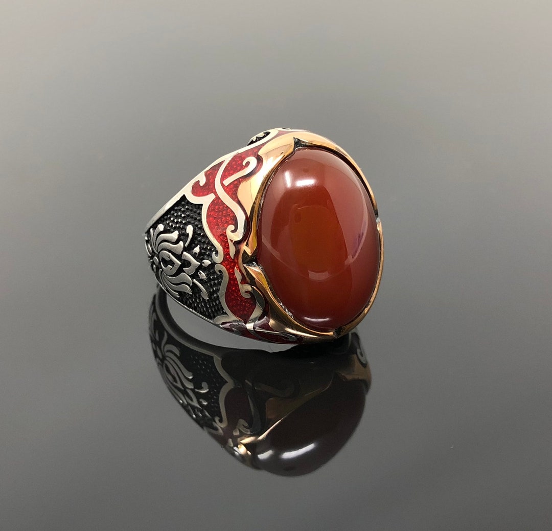 Handmade 925k Sterling Silver Red Agate Stone Men's Ring With Red ...