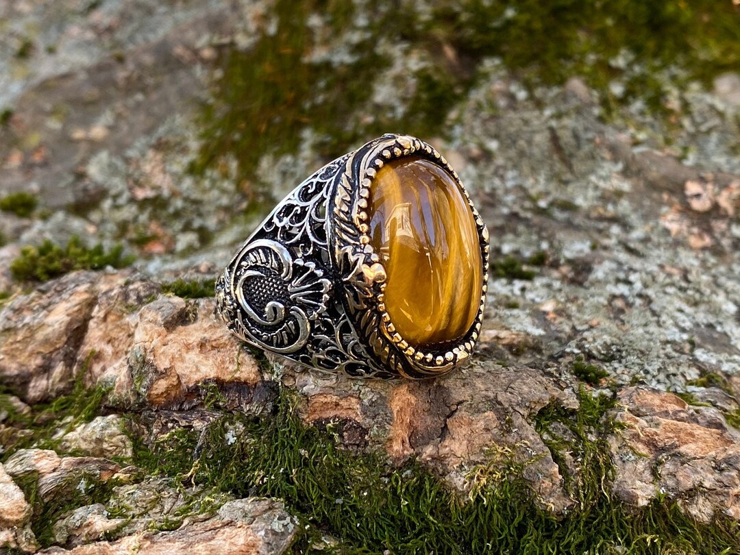 Handmade 925k Sterling Silver Natural Tiger Eye Stone Elegant Men's ...