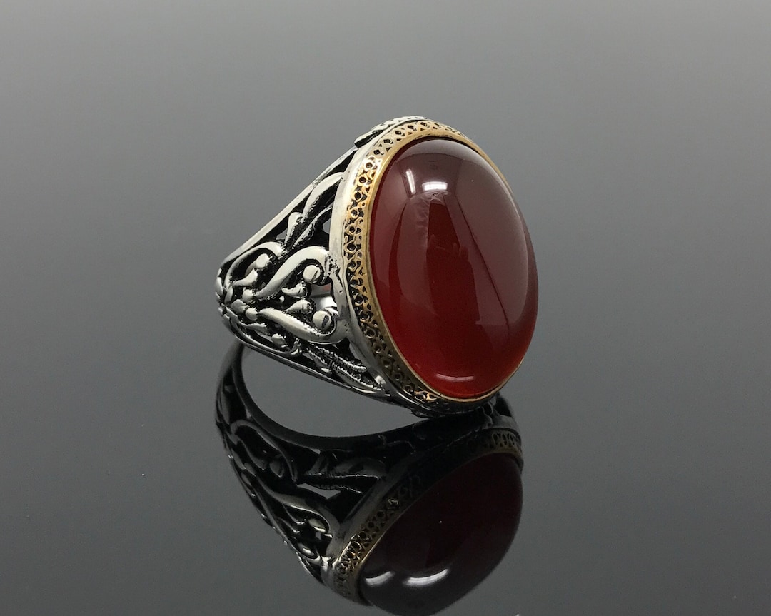Handmade 925k Sterling Silver Red Agate Stone (aqeeq) Men's Ring ...
