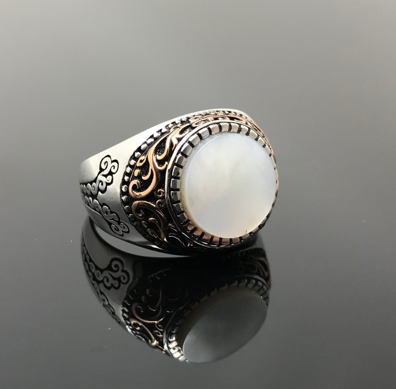 Handmade 925k Sterling Silver Round Mother of Pearl Stone Men s Ring With Fligree Design outstanding Gift Etsy