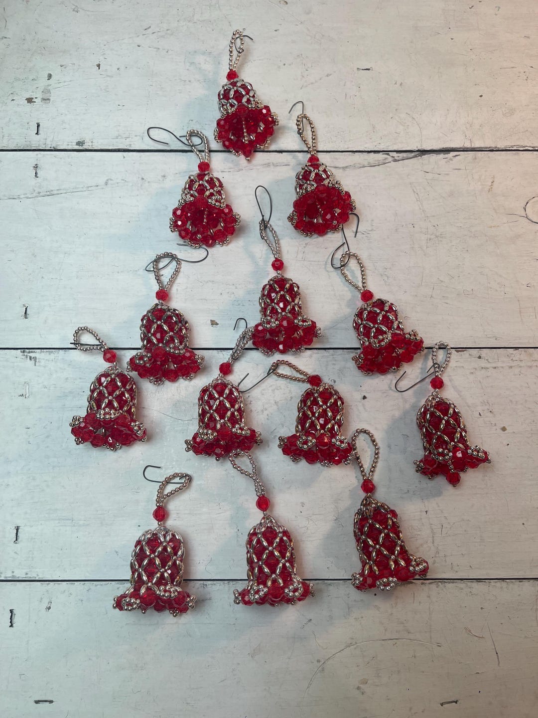 Vintage Beaded Bell Ornament / Handmade Red With Silver Accent Beaded ...