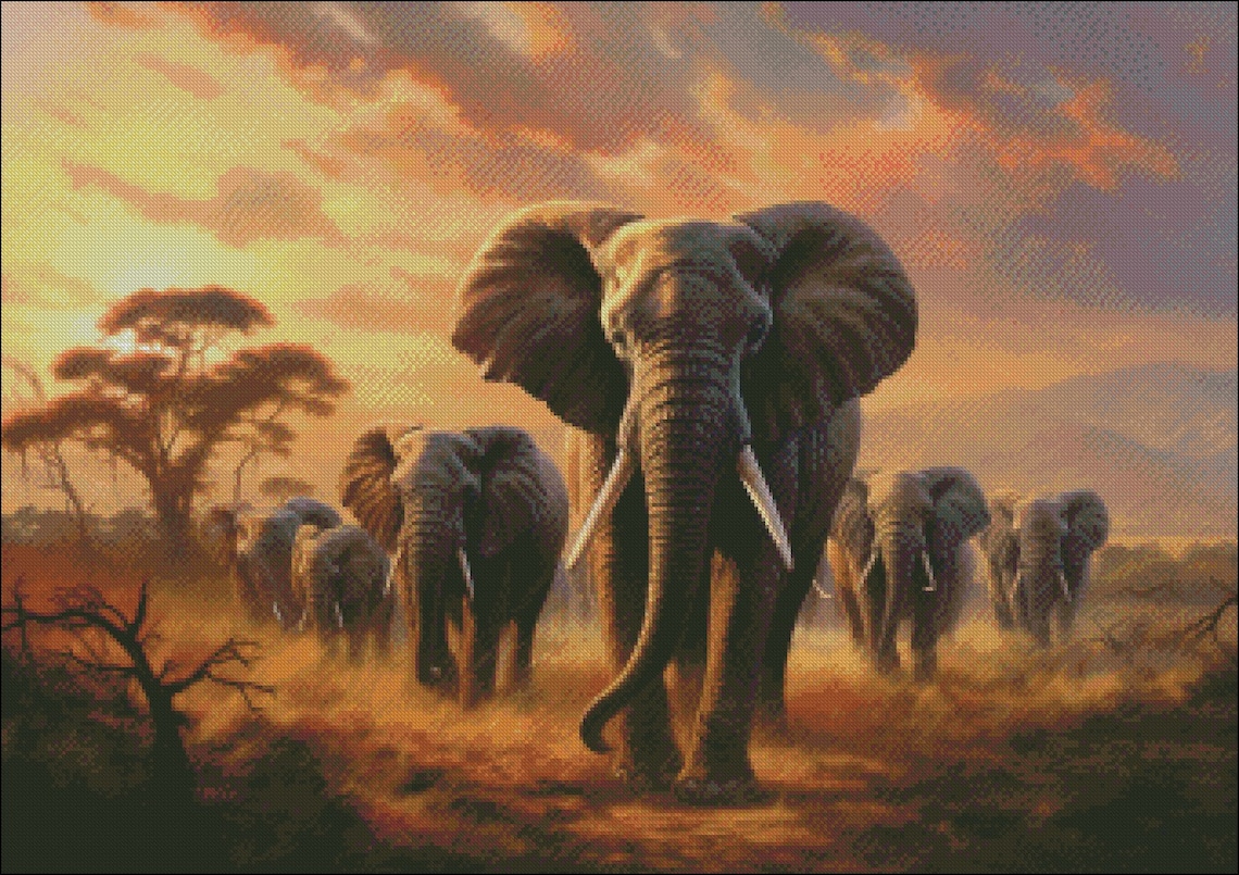 African Elephants at Sunset Counted Cross Stitch Patterns Printable ...