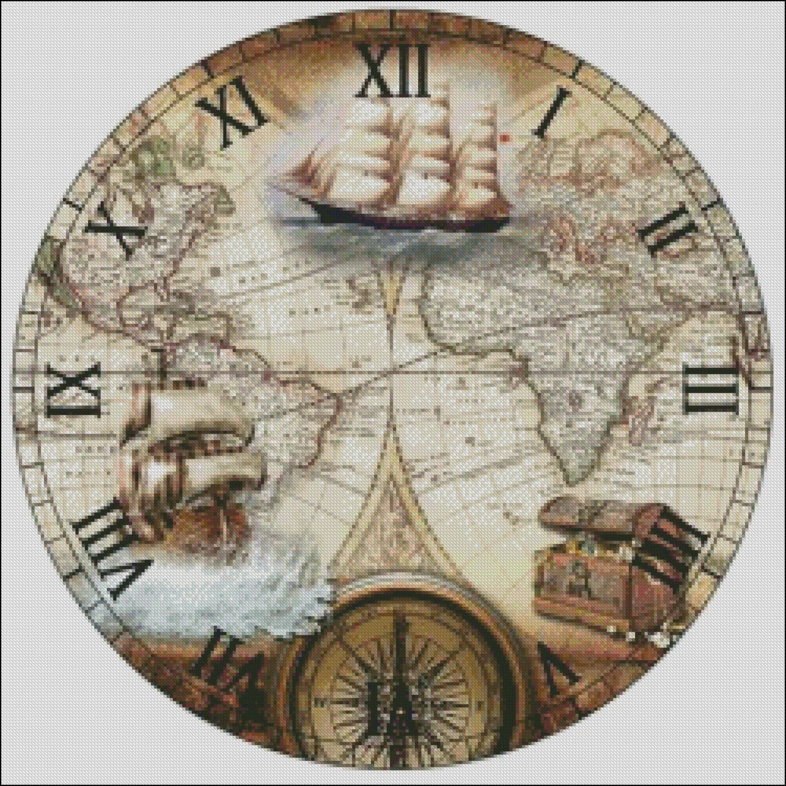 Antique Map Clock - Counted Cross Stitch Patterns - Printable Chart PDF ...