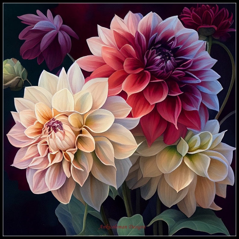 Dahlias 2 - Counted Cross Stitch Patterns - Printable Chart PDF Format ...