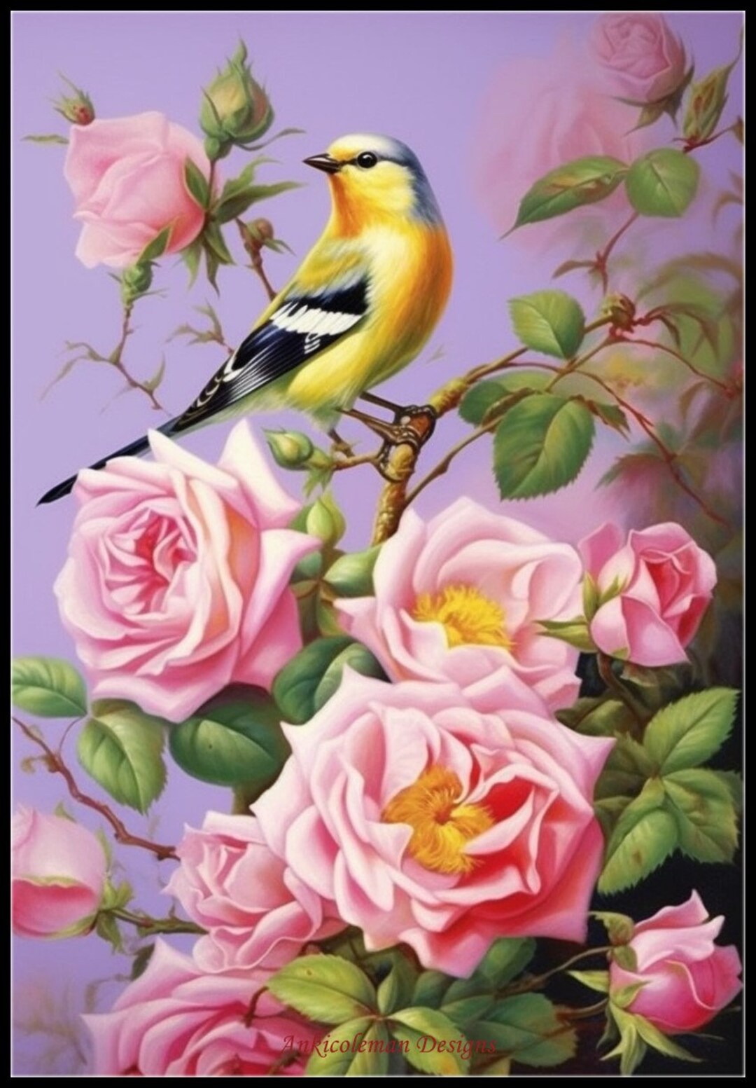 Pink Roses and Goldfinch 1 - Counted Cross Stitch Patterns - Printable ...
