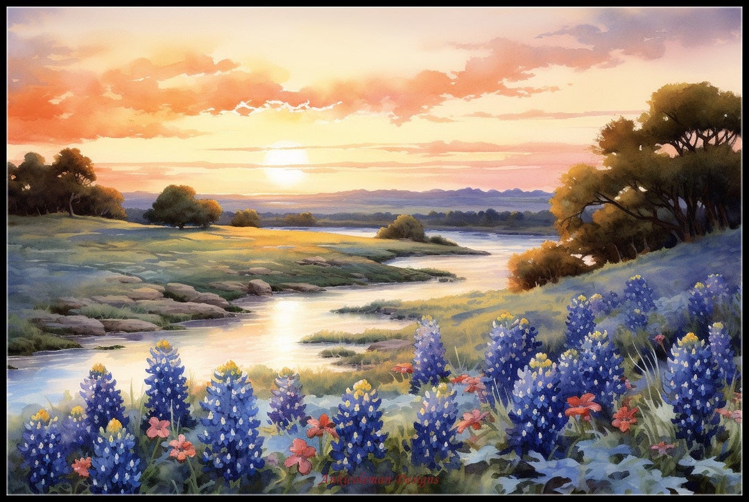Bluebonnets at Sunset - Counted Cross Stitch Patterns - Printable Chart ...