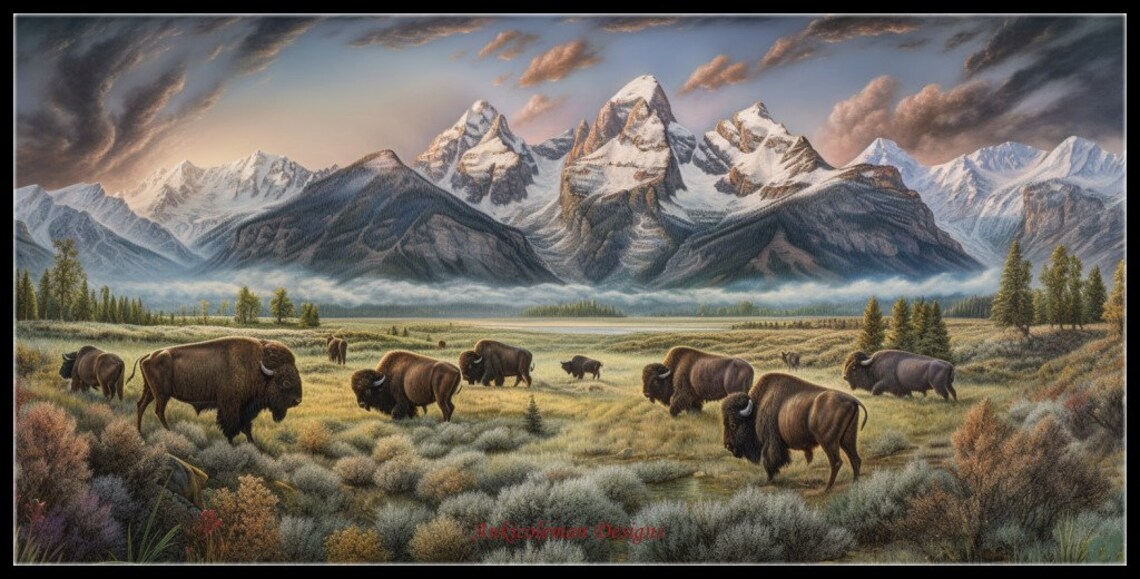 Bison at the Teton Range - Counted Cross Stitch Patterns - Printable ...
