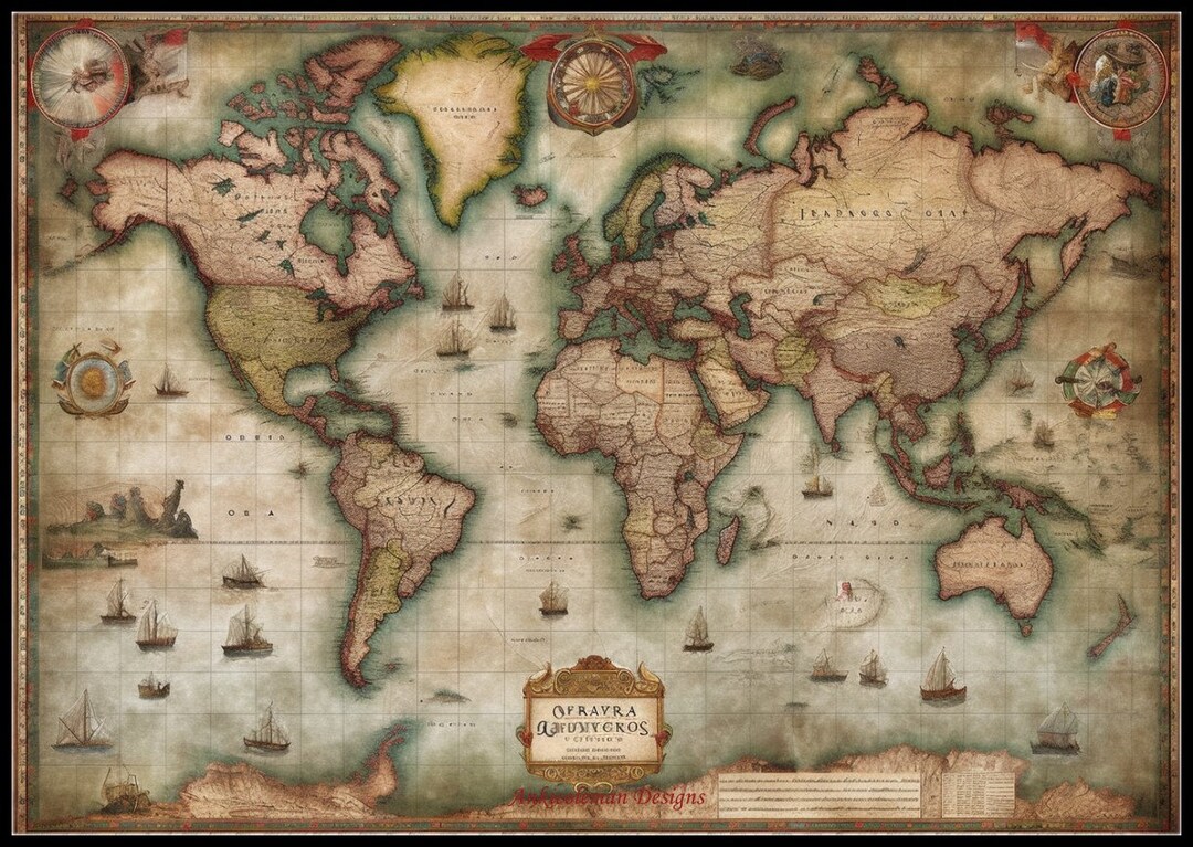 Retro World Map 2 - Counted Cross Stitch Patterns - Printable Chart PDF ...