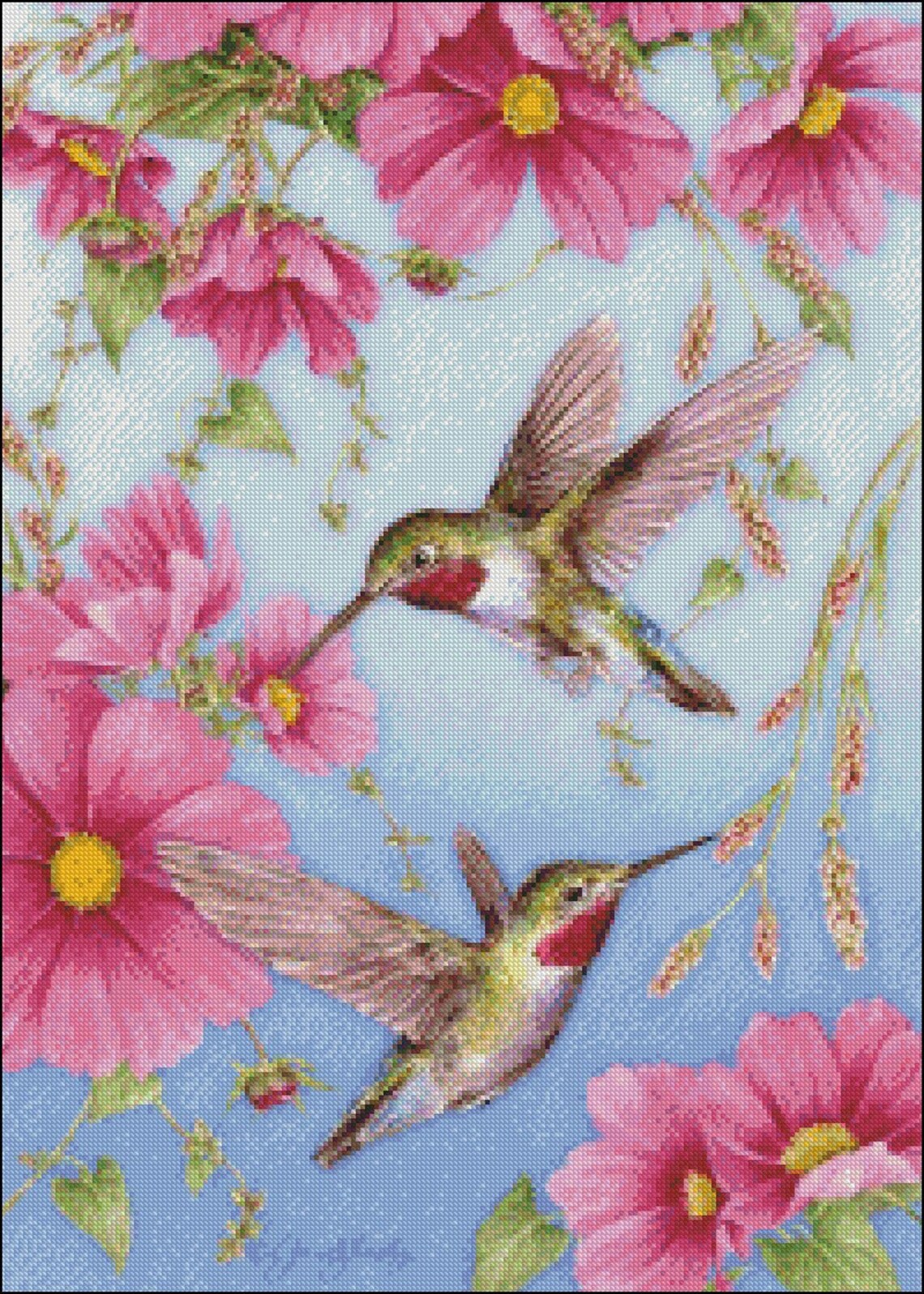 Hummingbirds With Pink Counted Cross Stitch Patterns Printable Chart ...