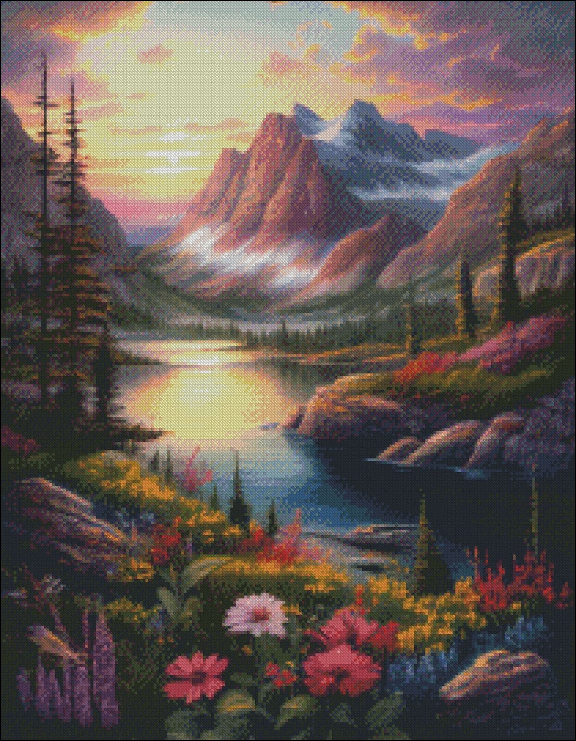 Amazing Sunset and Wildflowers Counted Cross Stitch Patterns Printable ...