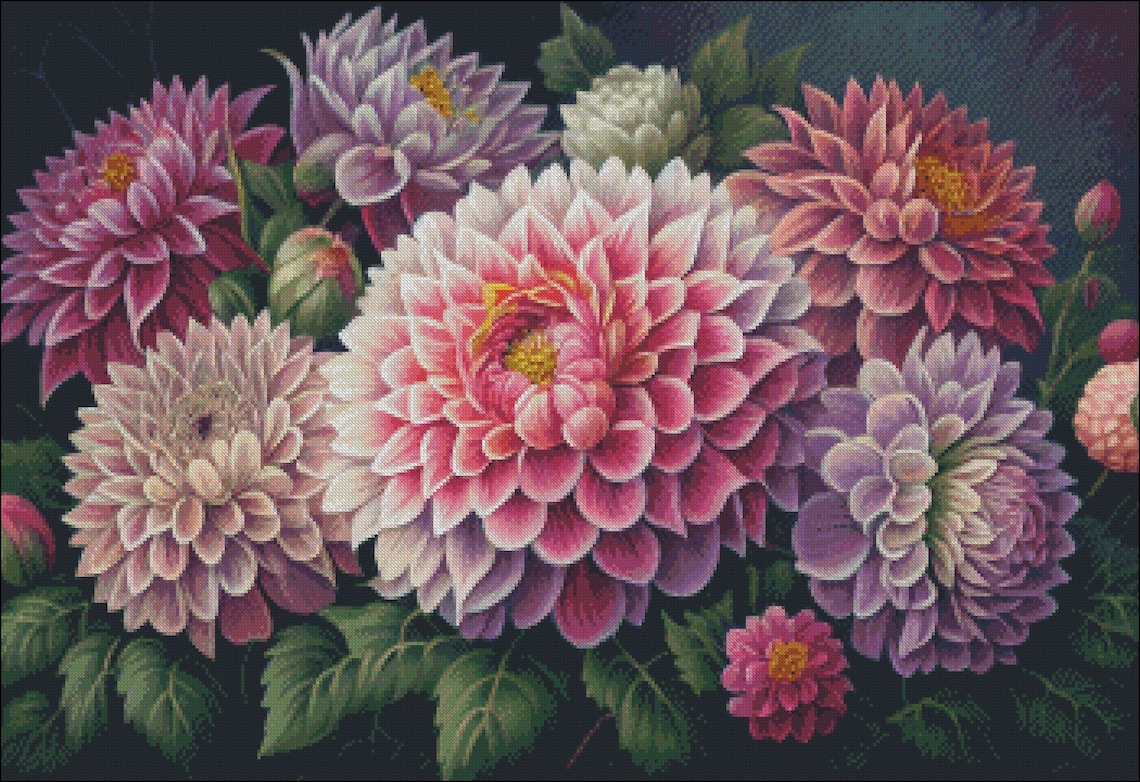Dahlias Floral 1 Counted Cross Stitch Patterns Printable Chart PDF Format Needlework Embroidery ...