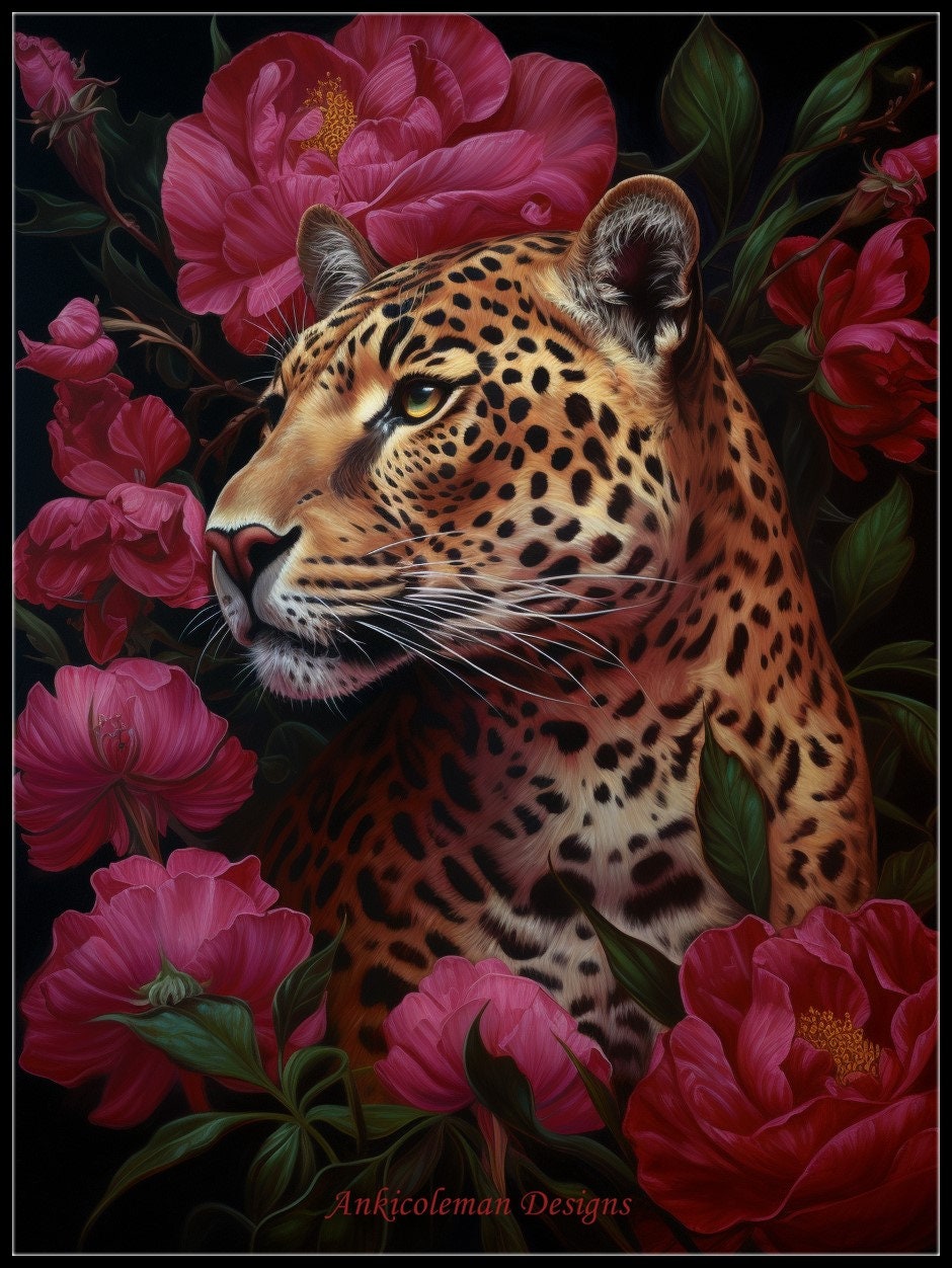 Jaguar Among Red Flowers - Counted Cross Stitch Patterns - Printable ...