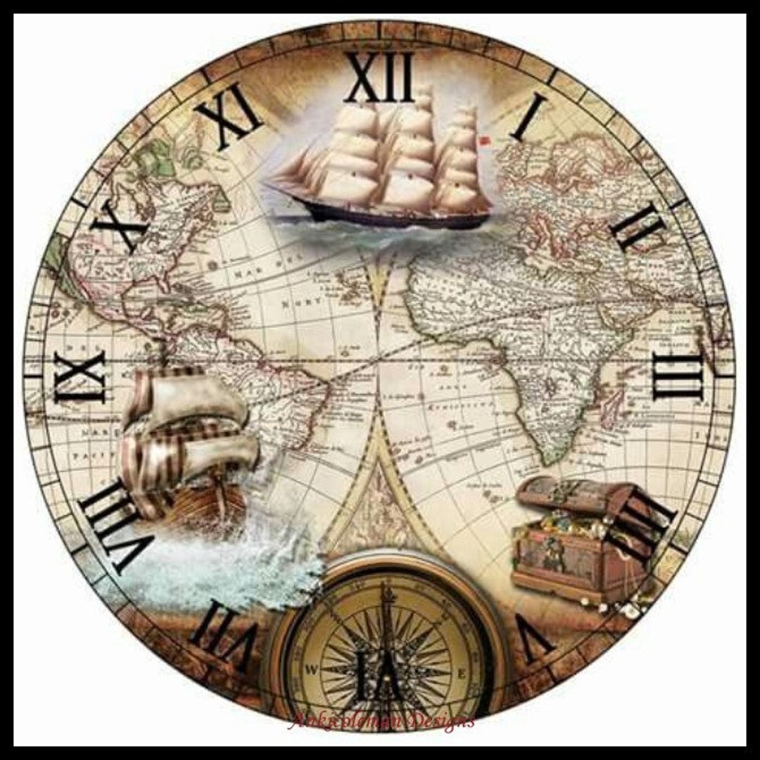 Antique Map Clock - Counted Cross Stitch Patterns - Printable Chart PDF ...