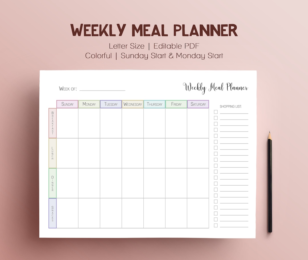 Weekly Meal Planner Printable: Colorful Menu Template (digital Download ...