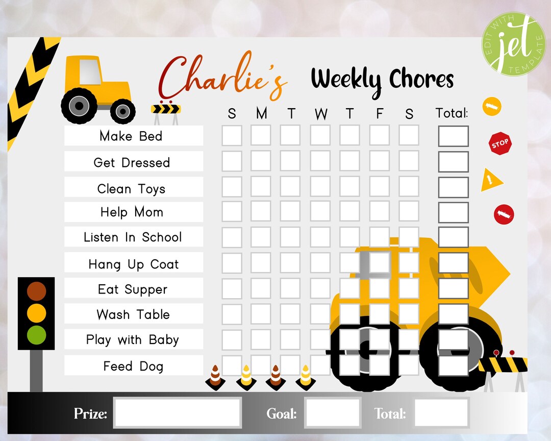 Editable Construction Reward Chart, Printable Chore Chart for Boys ...
