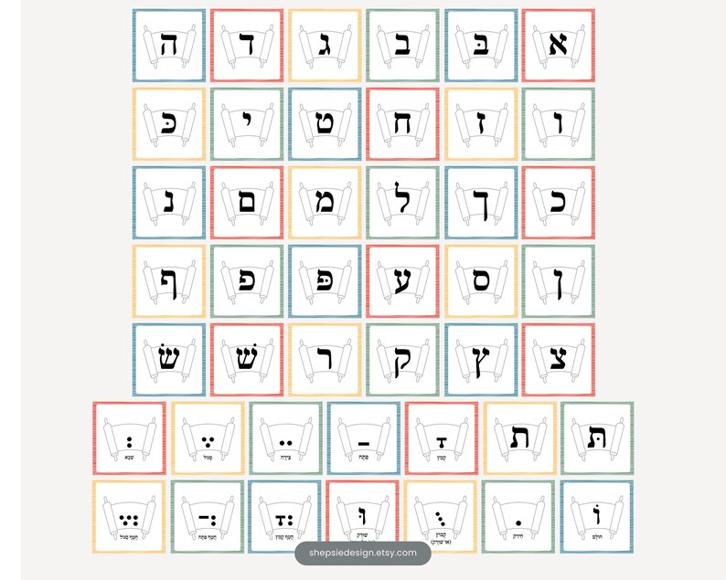 Alef Bet Flash Cards: Hebrew Alphabet & Nekudot Vowels, Matching Game ...