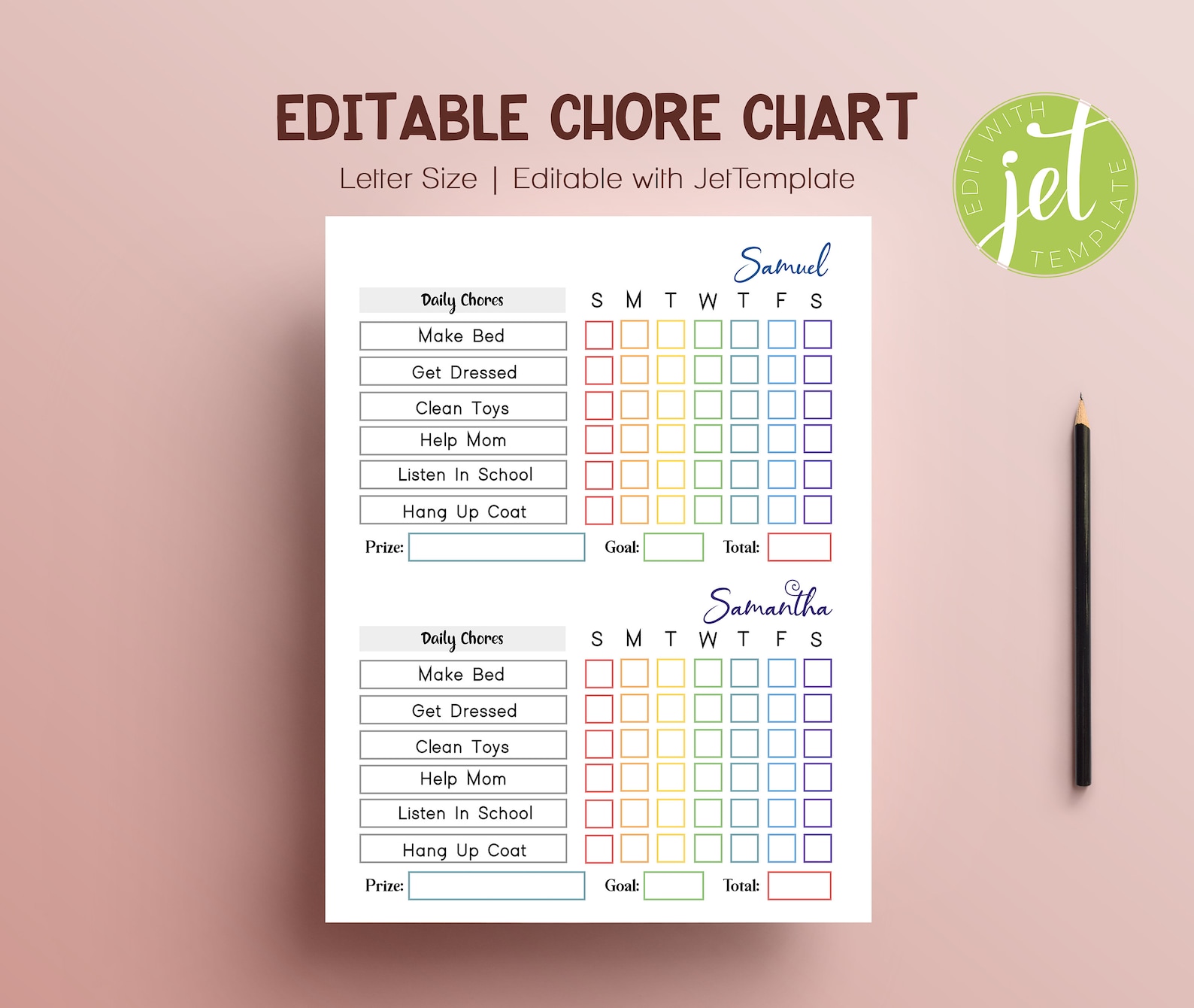 Editable Chore Chart for 2 Kids, Homework Planner for Kids, Reward ...